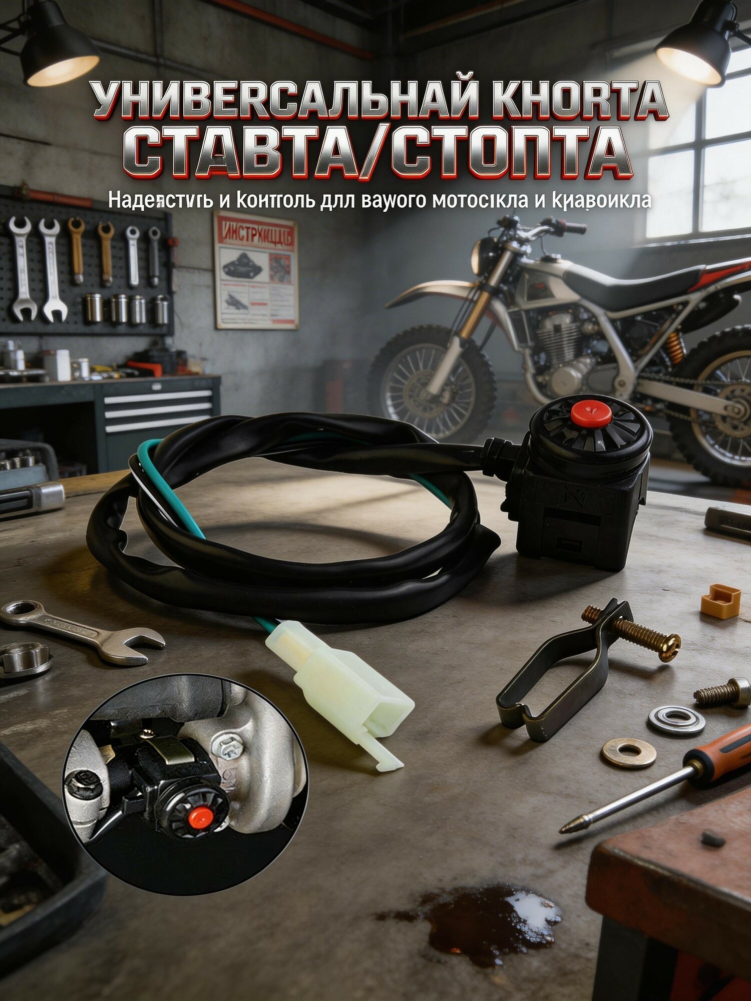 Красная кнопка аварийного отключения двигателя, универсальный стартер для кроссового мотоцикла и квадроцикла, монтаж на руль 22 мм (7/8) с подключением 2 проводами