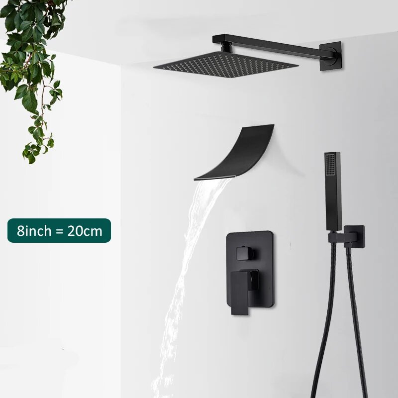 Матовый черный душевой смеситель с дождевым и водопадным потоком Скрытая душовая система Монтаж на стену Душевой смеситель для ванны Комбинированный душевой набор - 3-ходовой 8 водопад A