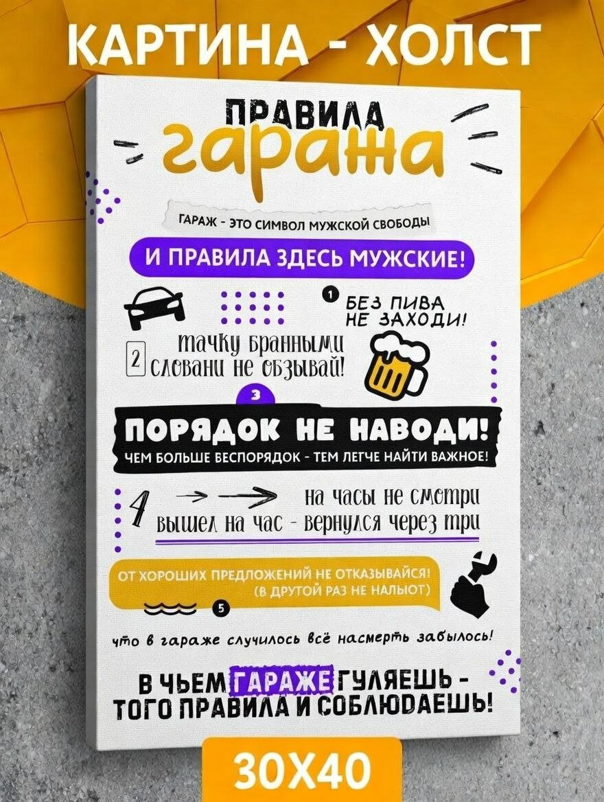 Картина на холсте А3 30х40 Правило Гаража
