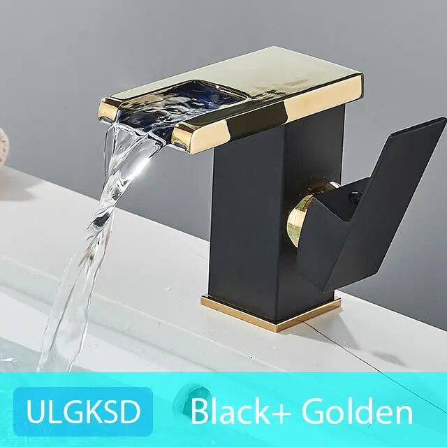 Кран для раковины в ванной комнате ULGKSD Смешанный кран с гидроэлектрическим светодиодом для горячей и холодной воды Наружный водопадный смесительный кран для раковины Двухцелевой кран для кухни Черно-золотой