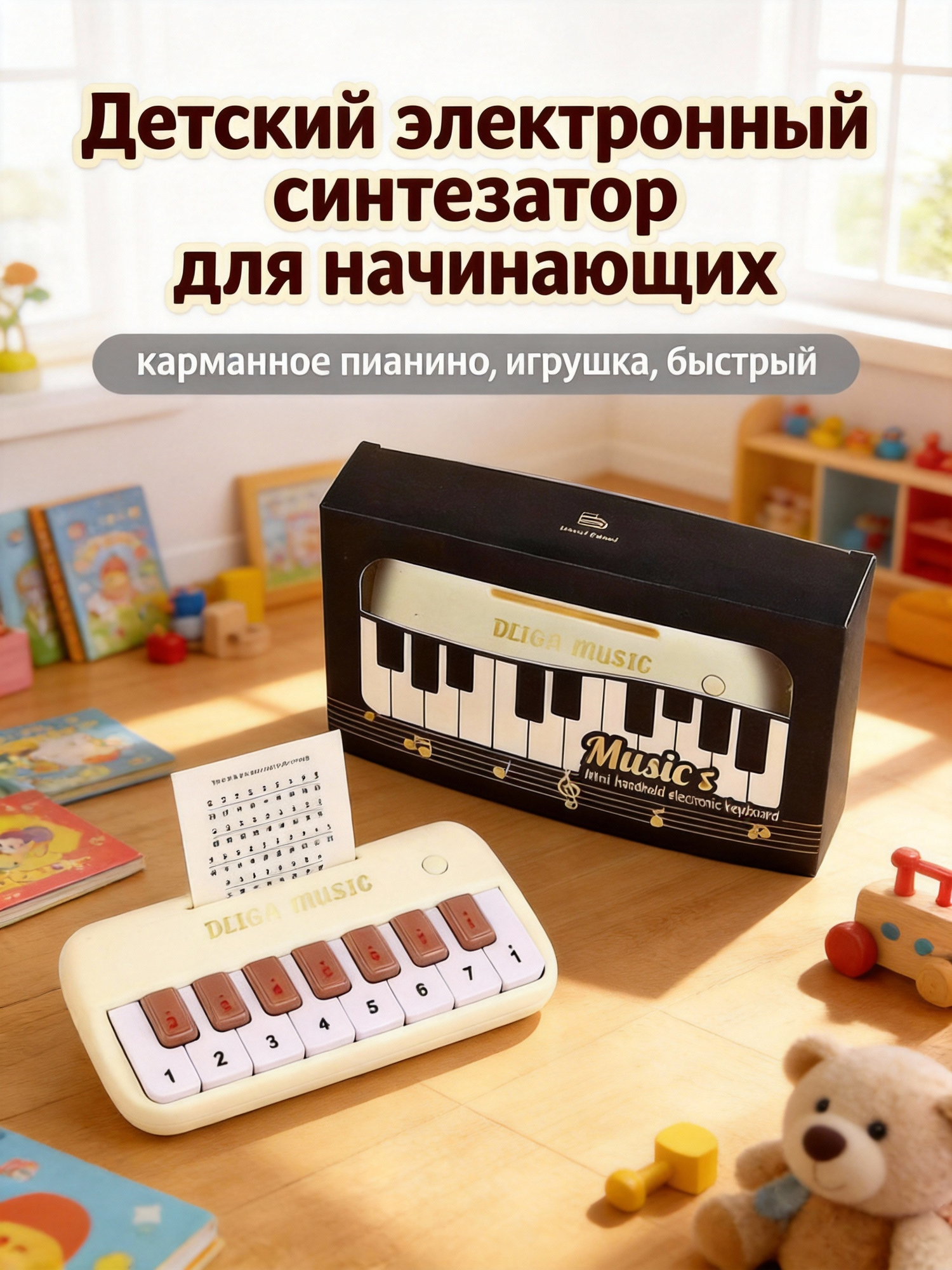 Детский электронный синтезатор для начинающих, карманное пианино-игрушка бежевого цвета для первых музыкальных занятий и игр