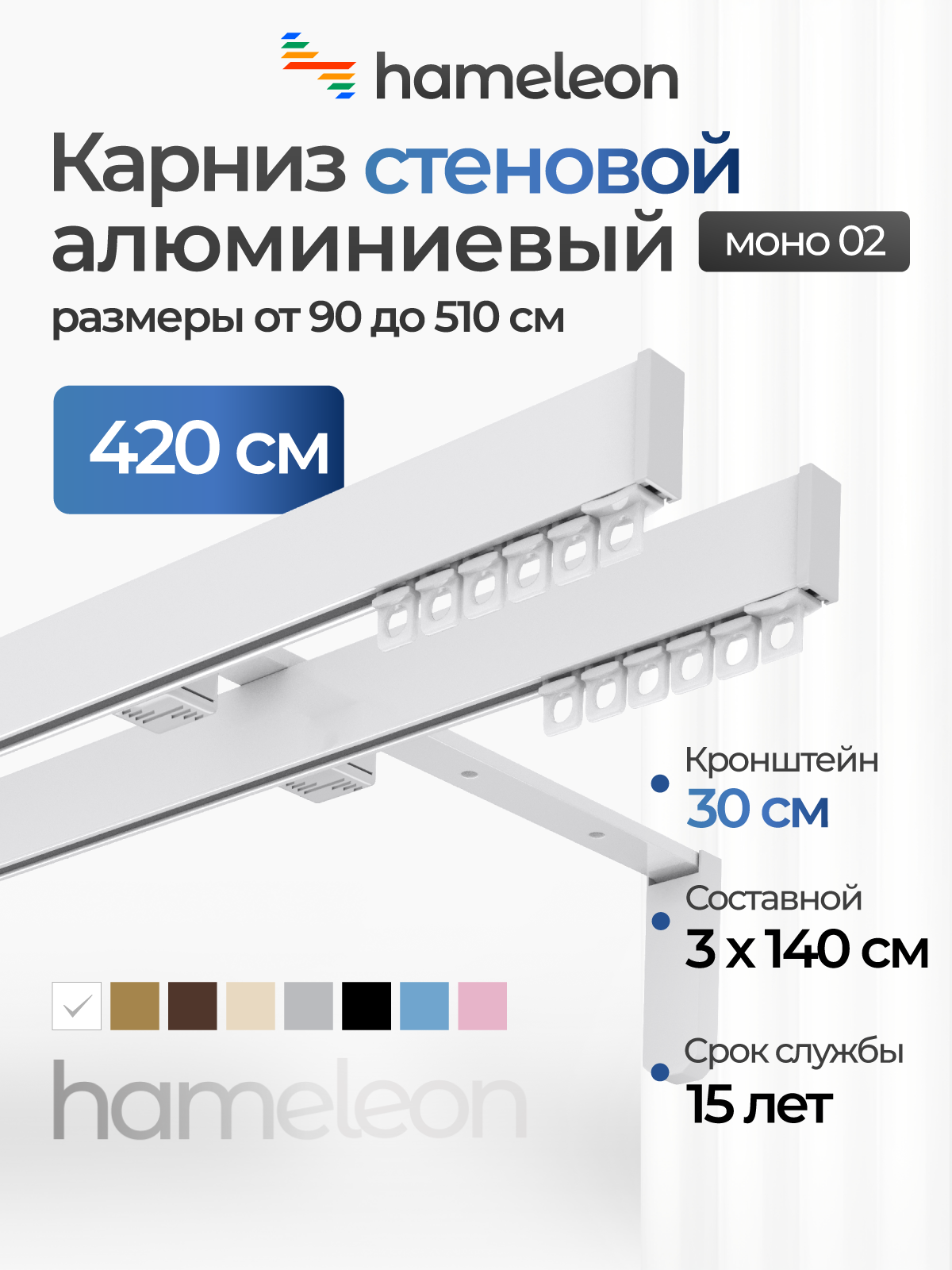 Карниз для штор хамелеон моно 02, двухрядный, настенный, белый глянец, 420 см, алюминиевый, кронштейны 30 см