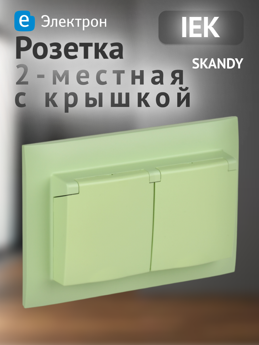 Розетка IEK SKANDY двухместная с заземлением, шторками и крышкой 16А в сборе IP44 SK-R12G мятный SK-R26-16-44-K06-F