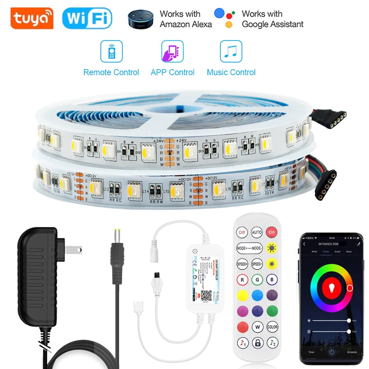 RGBW LED лента 5M 12В, Waterproof, EU Plug