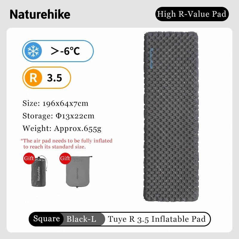 Naturehike Надувная кемпингова матрас 3.5 R-Value Ультралегкий спальный подматрас 20D Нейлон TPU Воздушный матрас для походов и альпинизма - Square B 196x64x7cm