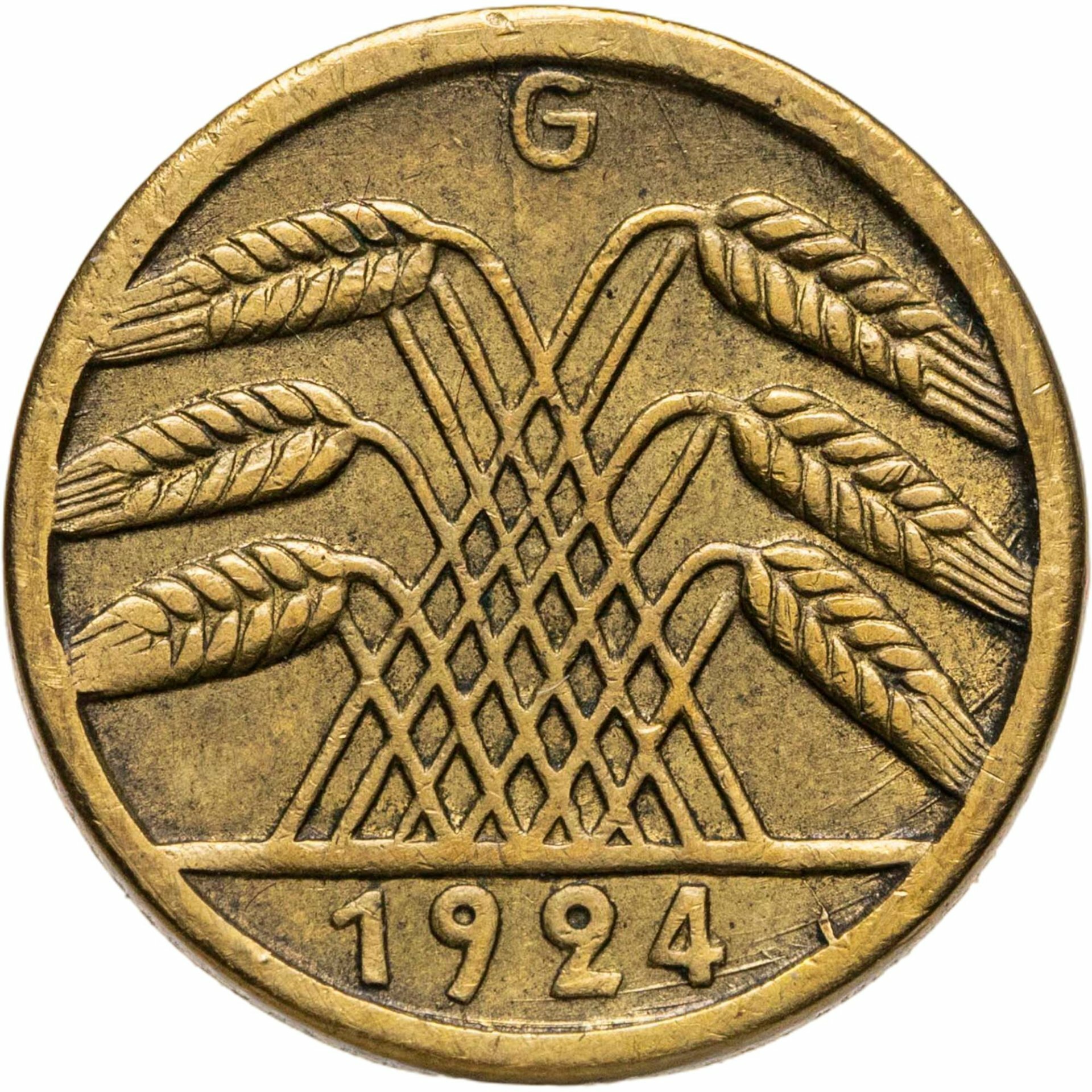 Германия 5 рентных пфеннигов rentenpfennig 1924 G знак монетного двора "G" — Карлсруэ, Бронза, в сохранности VF