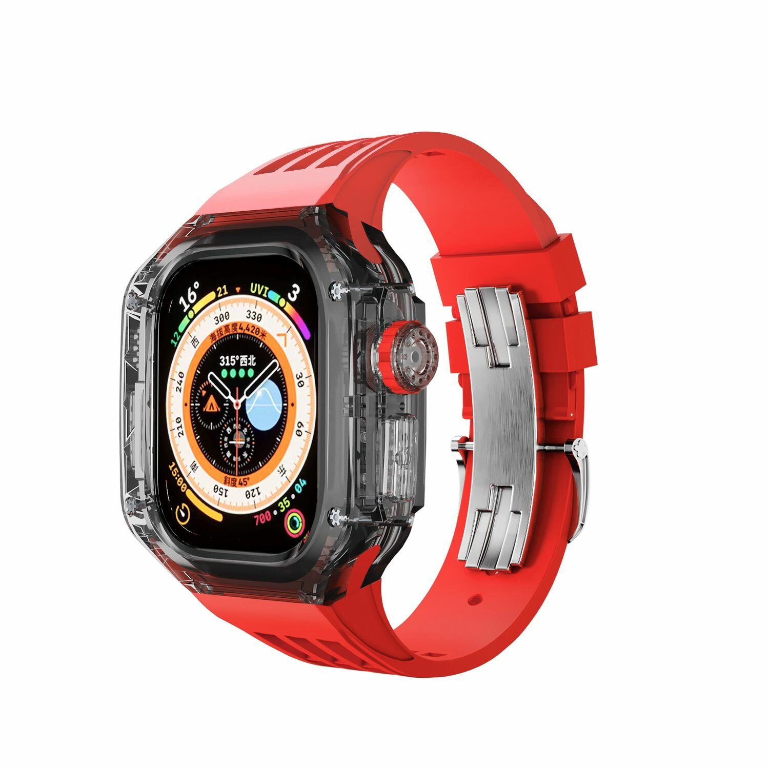 Модифицированный чехол Richard RM для Apple Watch Ultra 2 / Ultra, PC корпус и ремешок с пряжкой-бабочкой из фторкаучука для Apple Watch 49 мм, Прозрачный черный корпус-красный ремешок