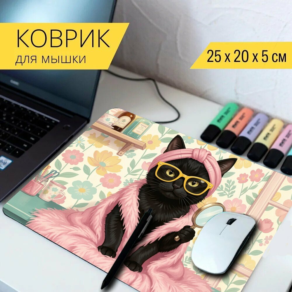 Коврик для мыши с принтом "Черный кот в розовом образе. Милый черный кот в желтых очках и розовой повязке, сидит в пушистом пастельном пледе с лупой в лапе." 25x20см.