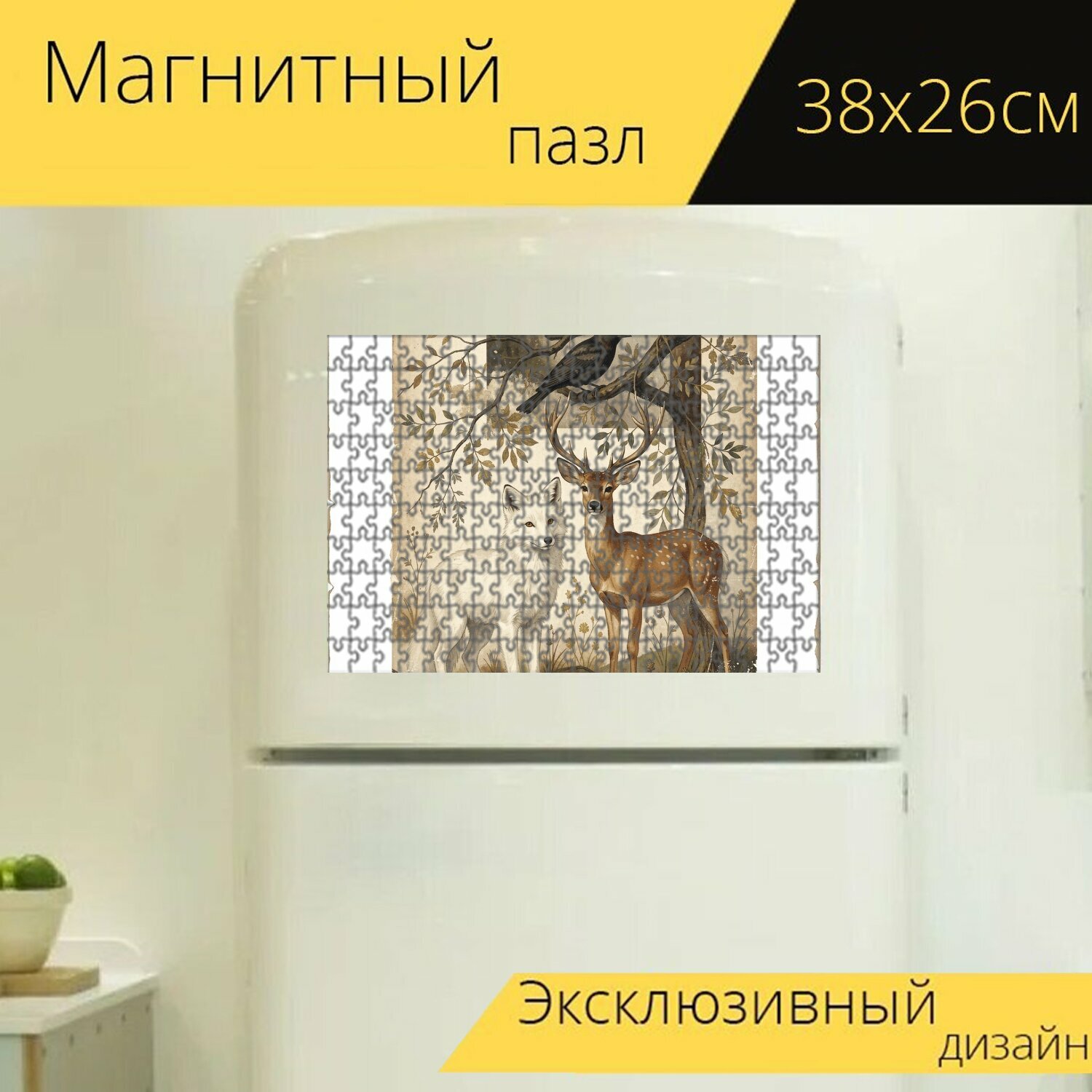 Магнитный пазл "Лиса, олень и птица в лесу. Благородный лесной натюрморт в винтажной акварельной манере: белоснежный хищник, пятнистый самец с рогами и." для интерьера, 38х26 см.
