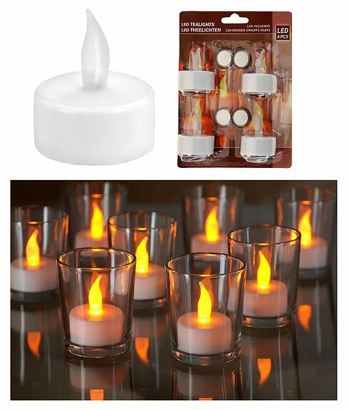Свечи чайные классические мерцающие, с LED-огнями, белые, набор 4 шт, 3.8х4.8 см, батарейки, AX5990050/XX8990010