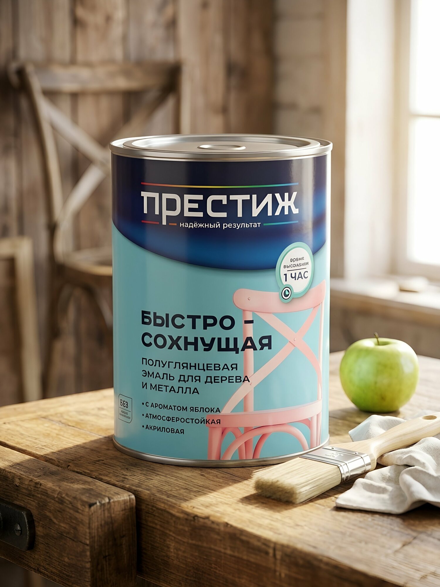 Эмаль акриловая Престиж полуглянцевая зеленое яблоко 0.9 кг — быстросохнущая краска для дерева и металла с ароматом яблока