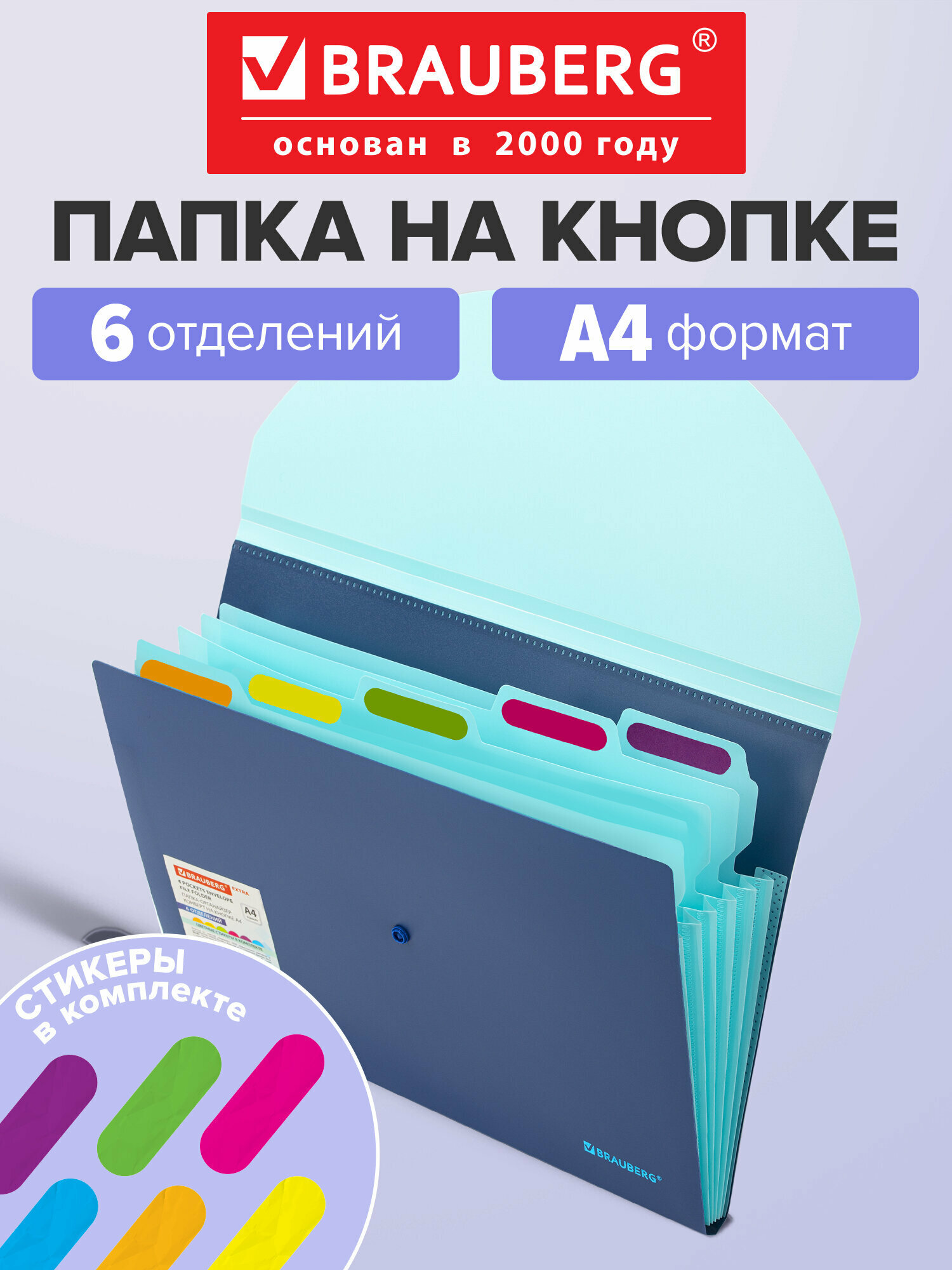 Папка для документов А4 канцелярская на кнопке, органайзер конверт для бумаг 6 отделений, Brauberg Extra, 274103