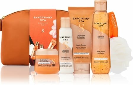 Набор парфюмерный Sanctuary Spa Signature Treats, для женщин, гель для душа 150 мл, пилинг-гель 100 мл, молочко для тела 75 мл, масло для тела 75 мл, губка для мытья тела 1 шт