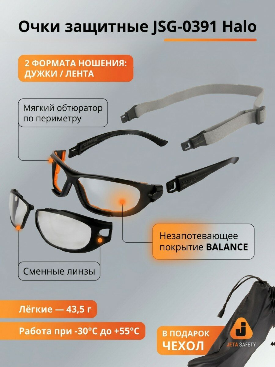 Очки защитные JSG-0391 Halo закрытого типа, прозрачные линзы