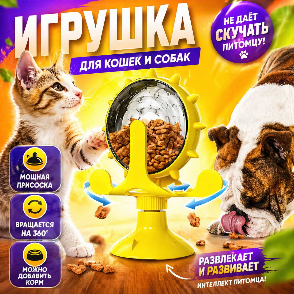 Интерактивная игрушка для кошек, вращающийся диспенсер для корма с присоской, игрушка для замедления кормления