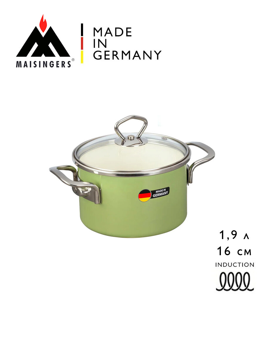 Кастрюля эмалированная с крышкой Maisingers, d-16 см, h-11,8 см, 1,9 л, салатовая