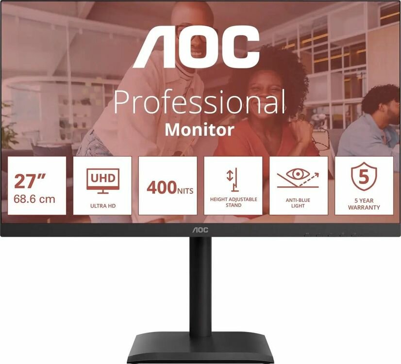 Монитор 27" AOC U27E4CV, 16:9, IPS, UHD, 4ms, 400cd, 60Hz, HDMI, черный
