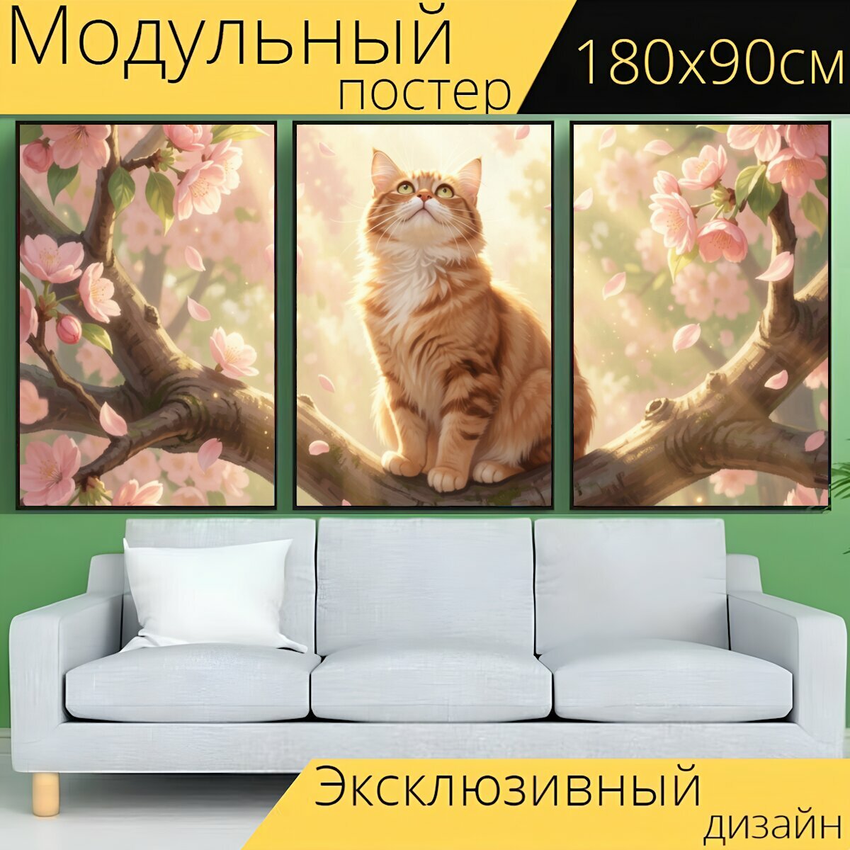 Модульный постер "Кот, сидящий на толстой ветке цветущей сакуры и смотрящий вверх, вертикальная композиция с ветвями и розовыми." 180 x 90 см. для интерьера на стену в тубусе