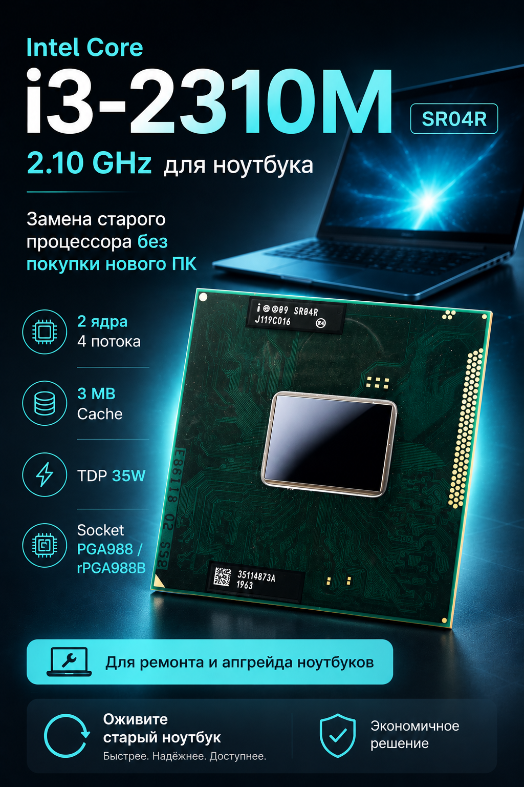 Процессор Intel Core i3-2310M SR04R 2.10 ГГц Socket G2 PGA988 для ноутбука