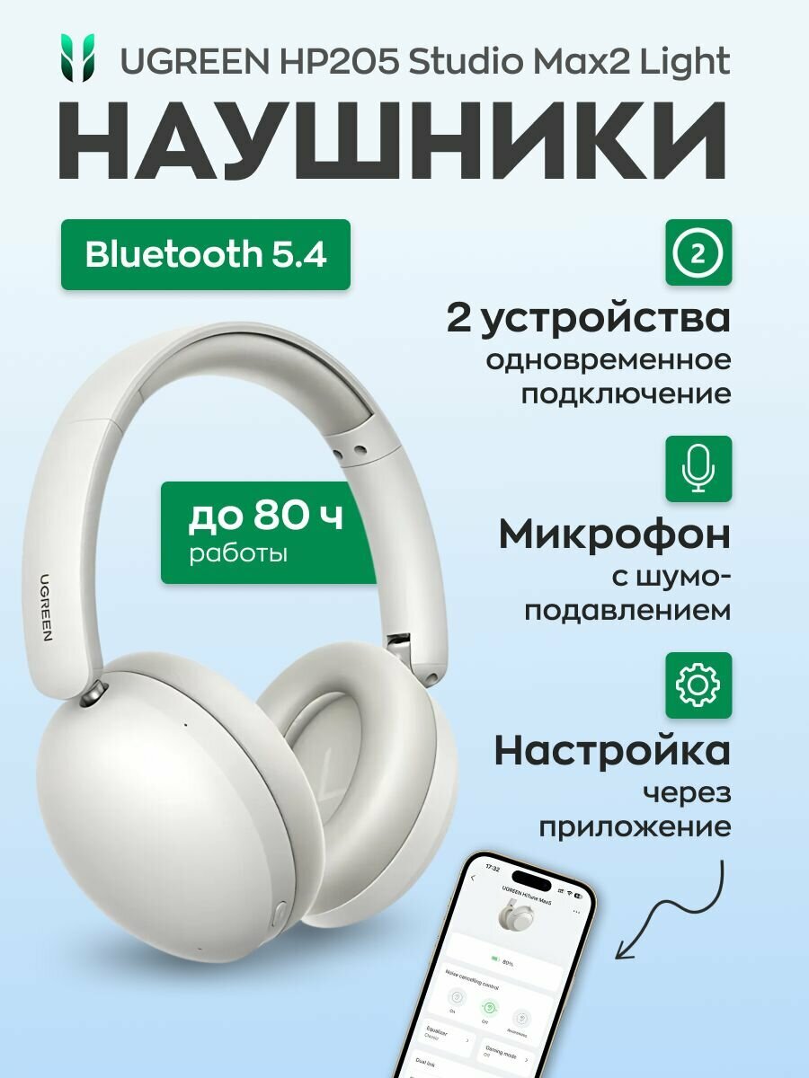 Беспроводные наушники UGREEN HP205 Studio Max2 Light, белые