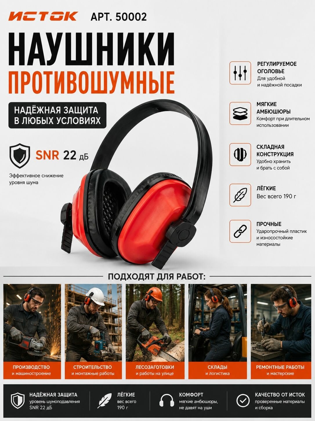 50002 Наушники противошумные с обычным оголовьем "исток", SNR 22 дБ для строительных и шумных работ