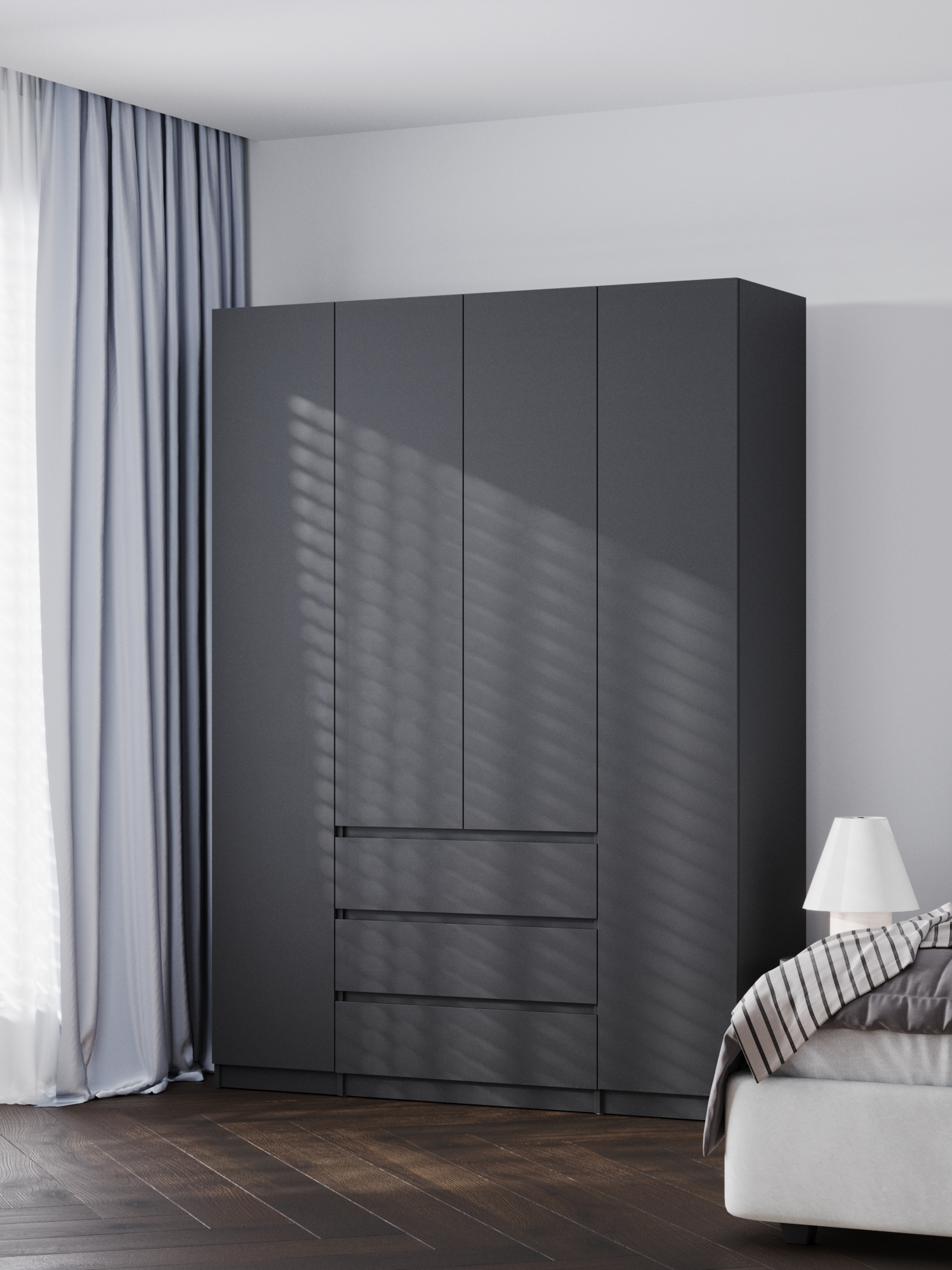 Шкаф для одежды Нонтон Грандис, 160x50x220 см, 3 ящика и 9 полок, графит