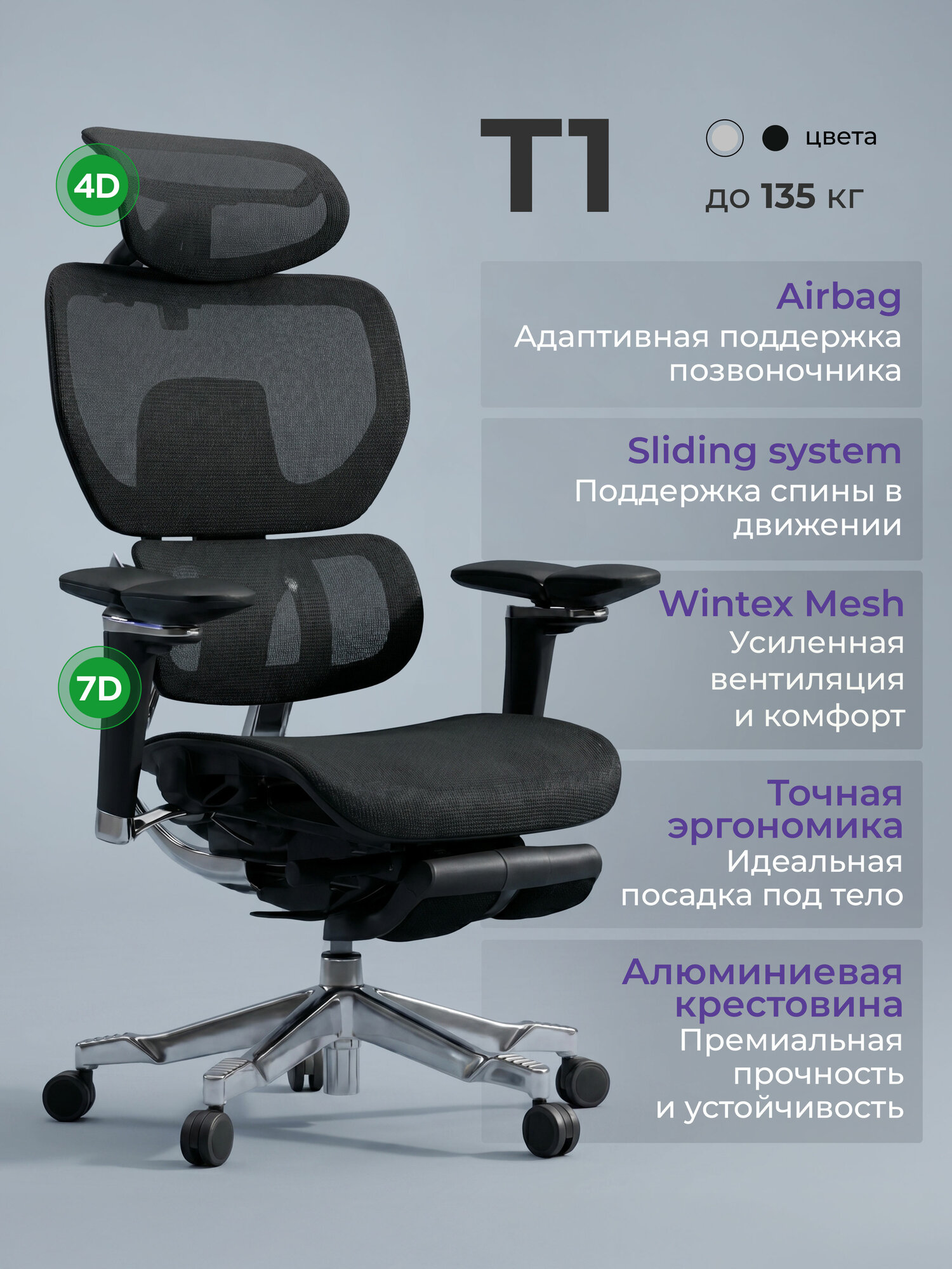 Кресло компьютерное эргономичное ортопедическое для дома и офиса Ergostul T1 Black