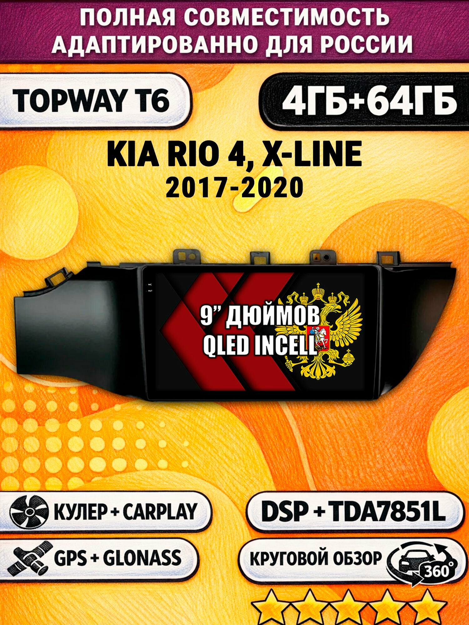 Штатная Андроид магнитола 9 для KIA RIO, X-LINE 4 (2017 2018 2019 2020) Киа Рио, рамка черная матовая, 4/64гб, 360 обзор, DSP, беспроводной CarPlay/Android Auto, GPS/ГЛОНАСС