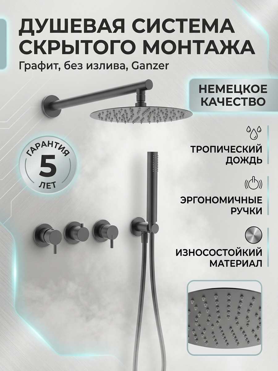 Душевая система для скрытого монтажа в стену с тропическим душем без излива от бренда Ganzer GZ03164-Q графит