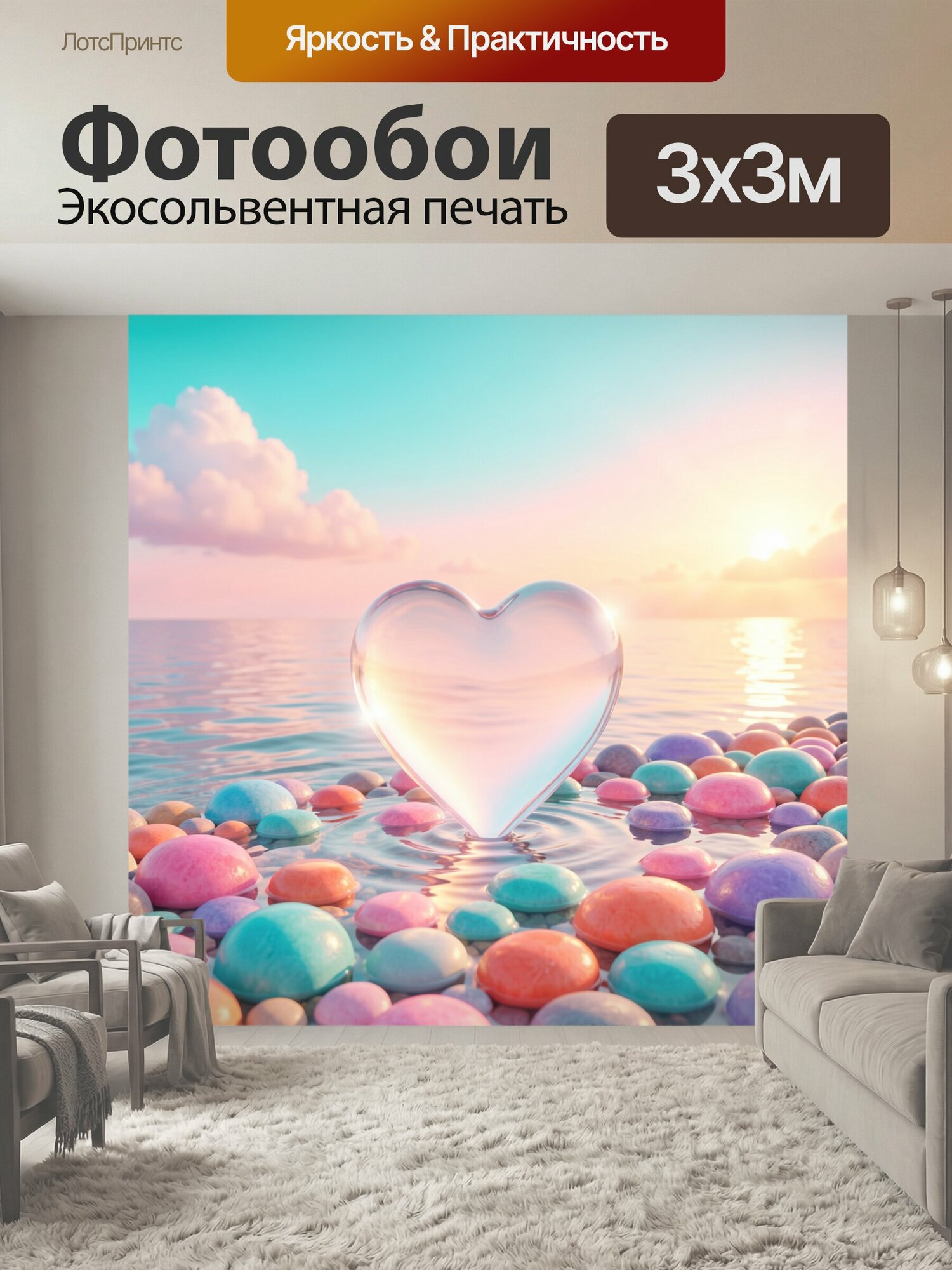Фотообои "Стеклянное сердце на морском закате. Фантазийная 3D-сцена с прозрачным сердцем над спокойной водой, окружённым яркими пастельными." 300x300 см. экосольвентная печать