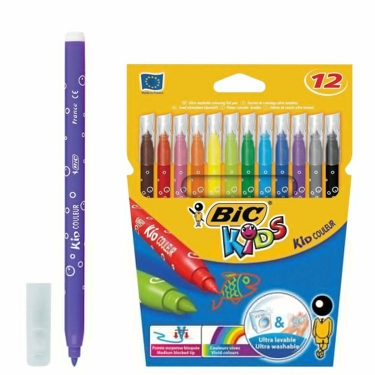 Набор фломастеров 12 цветов BIC Kids Couleur (линия 0,8мм, смываемые) картон. уп. (9202932)