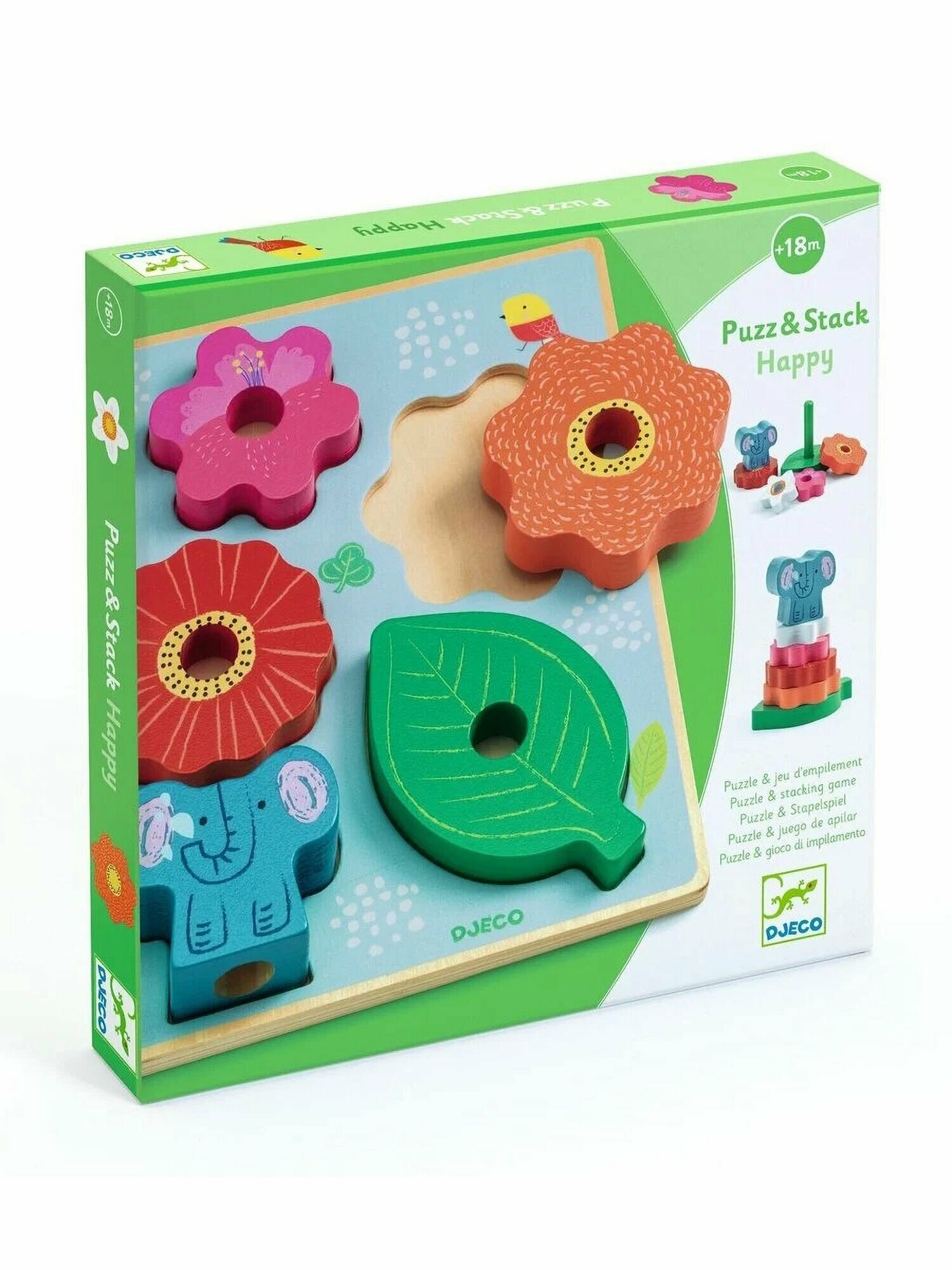 Развивающая деревянная игрушка головоломка пазл Djeco - Puzzle & Stack Happy Tree 2 в 1, для детей от 1,5 лет