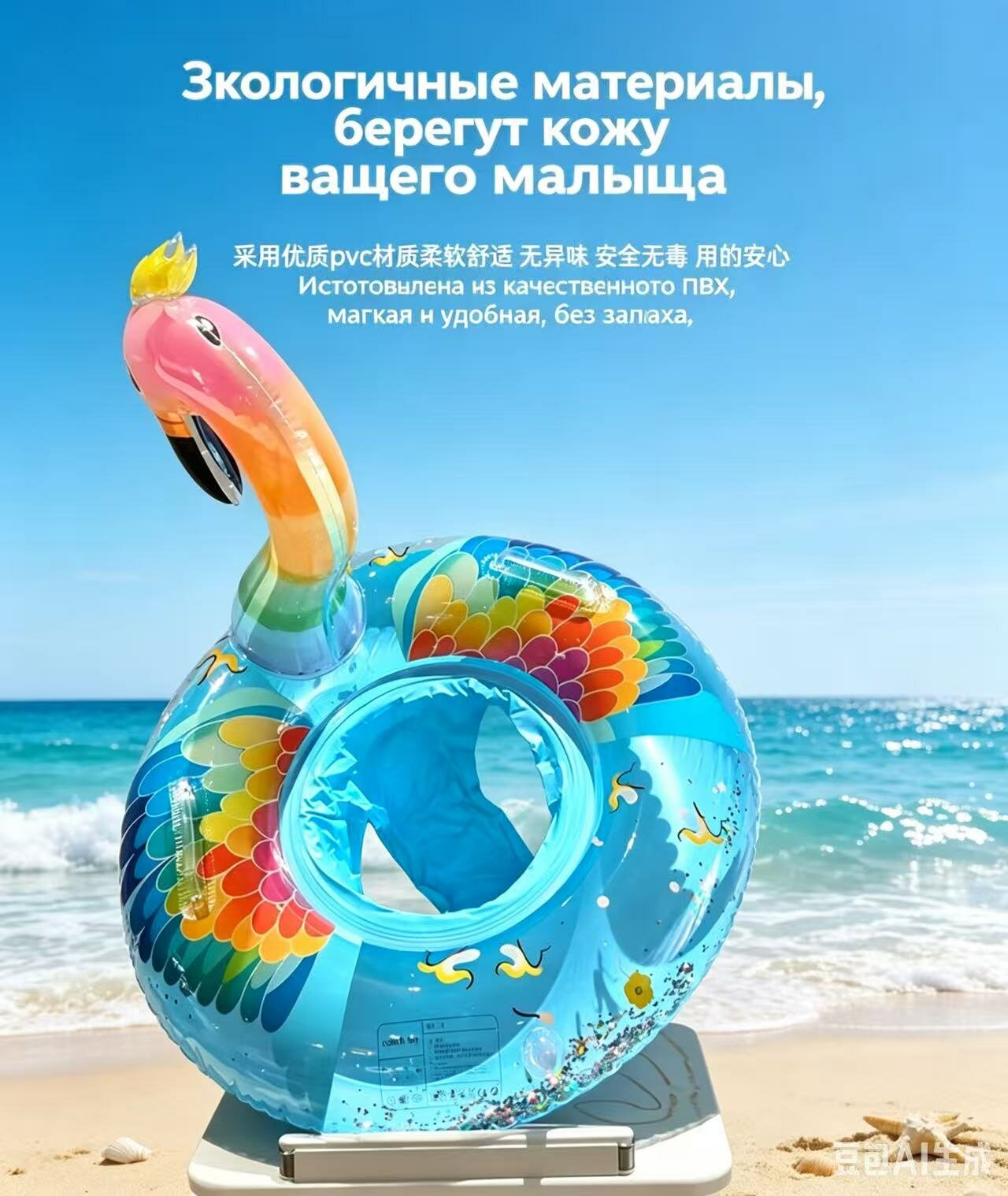 Детский надувной плавательный круг в виде единорога с блестками
