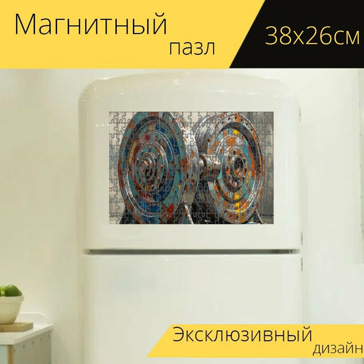 Магнитный пазл "Два стальных круга с потеками. Парные металлические узлы в индустриальном стиле, покрытые разноцветными мазками, ржавыми следами и." для интерьера, 38х26 см.