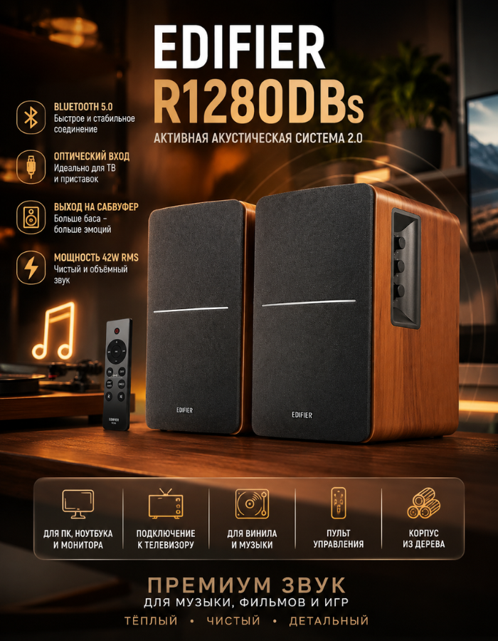 Акустика Edifier R1280DBs, Brown, МДФ, фазоинверторный тип, Bluetooth