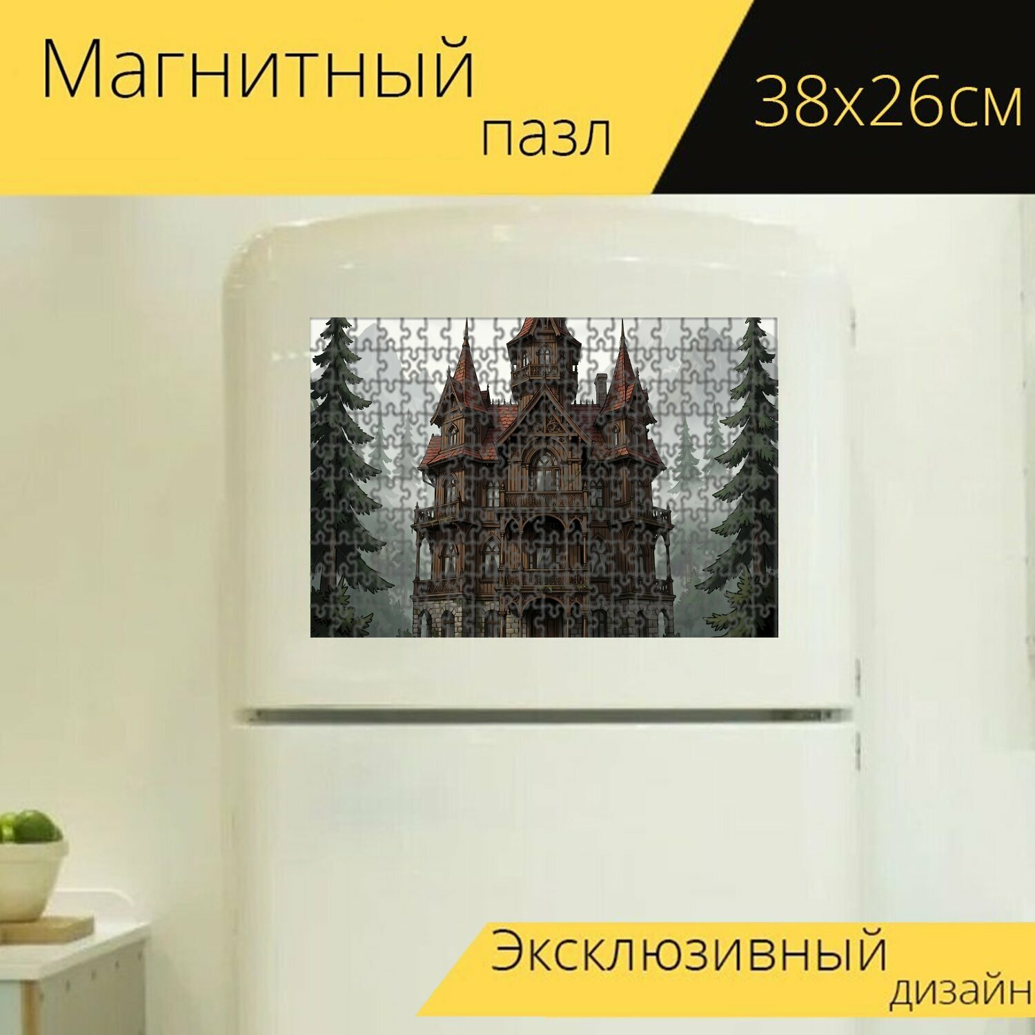 Магнитный пазл "Загадочный дом в горах. Загадочная усадьба с башнями и острыми шпилями среди хвойного леса, на фоне туманных пиков. Коричнево-зеленая." для интерьера, 38х26 см.