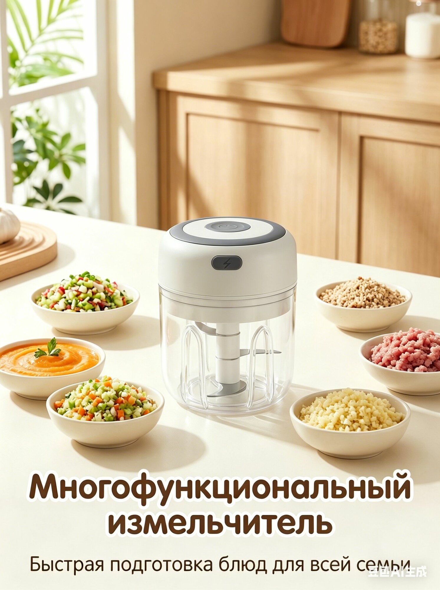 Маленький электрический кухонный дробилка для чеснока, автоматический вариант белого цвета