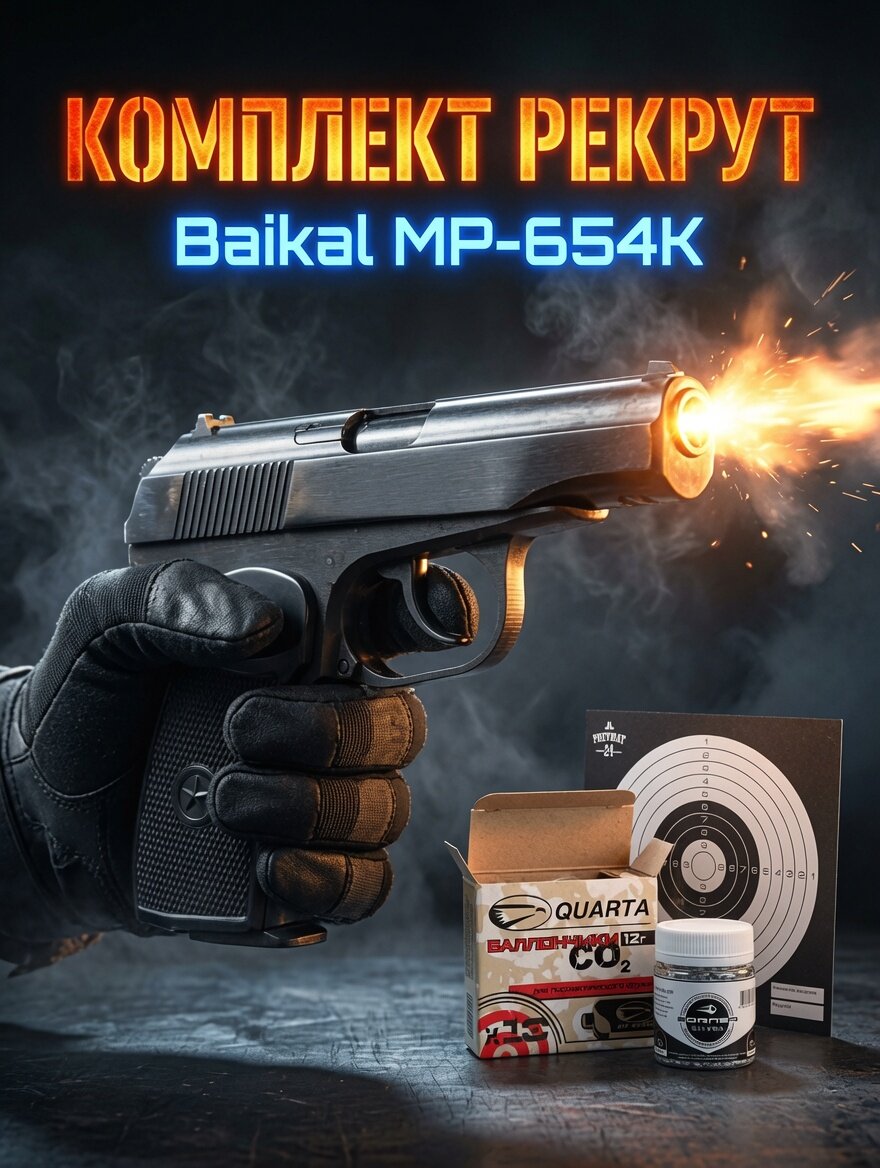 Пистолет Baikal МР-654К кал. 4,5 мм +500 шариков +10 баллончиков +мишени (Рекрут)