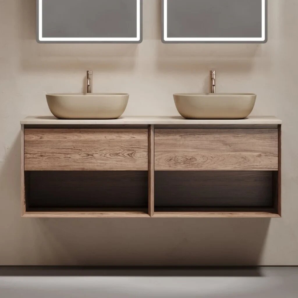 Тумба с раковиной Sancos Marmi 1.0 140 дуб чарльстон, столешница бежевая TT140A2X, раковина CN6009MC