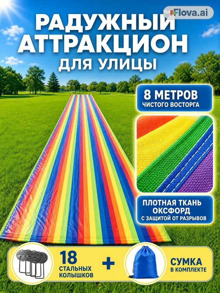 Аттракцион скользящая дорожка для скольжения по траве, радужное игровое полотно 8х1.4 м с сумкой для хранения и 18 колышками - модель для тимбилдинга, активных уличных игр и детского сада