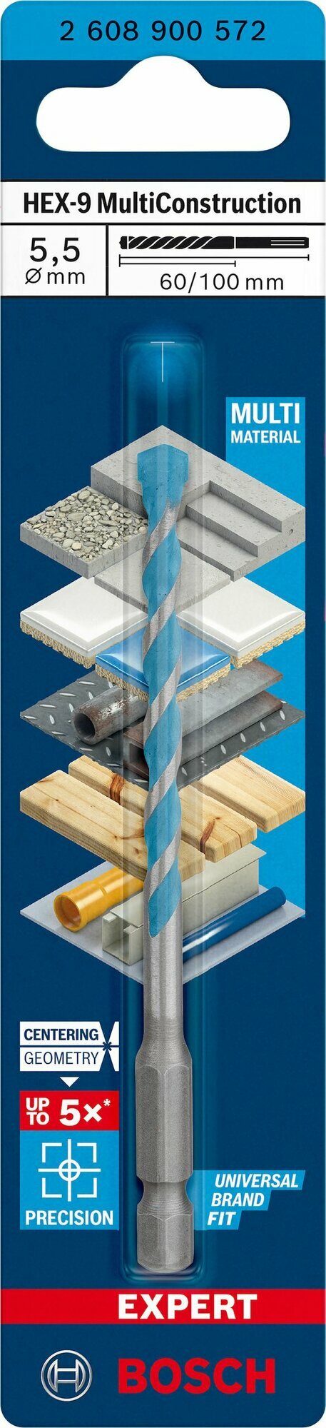 BOSCH 2608900572 EXPERT HEX-9 многофункциональное строительное сверло 5.5x100 мм, для бетона, мягкой плитки, спиральное сверло высокой твердости
