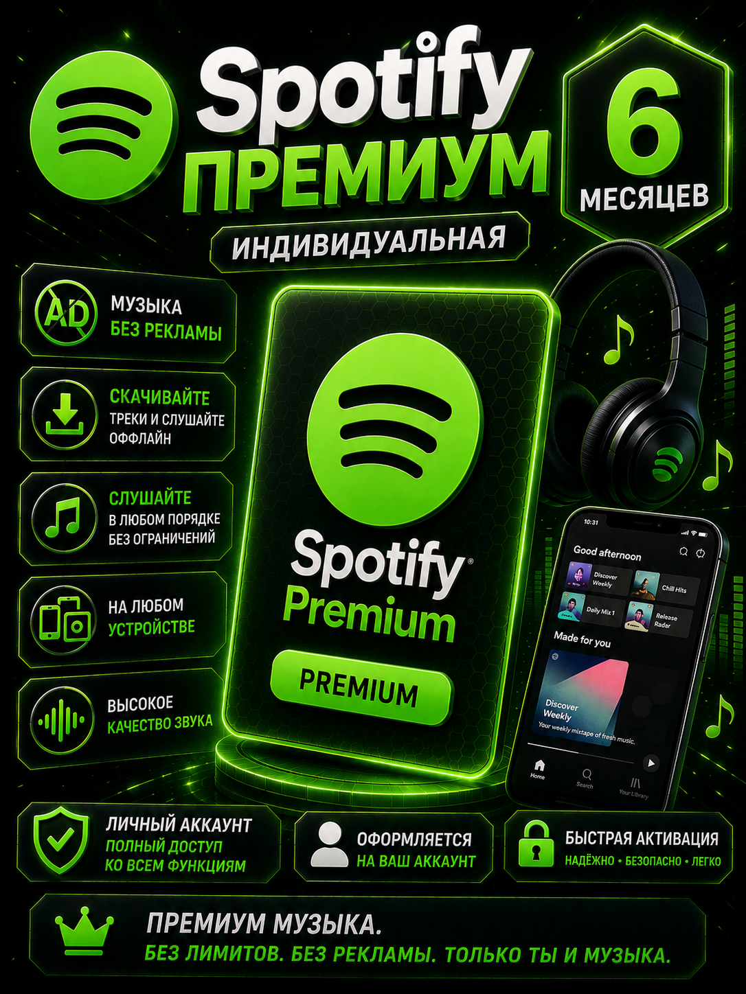 Spotify Premium Индивидуальная подписка 6 месяцев