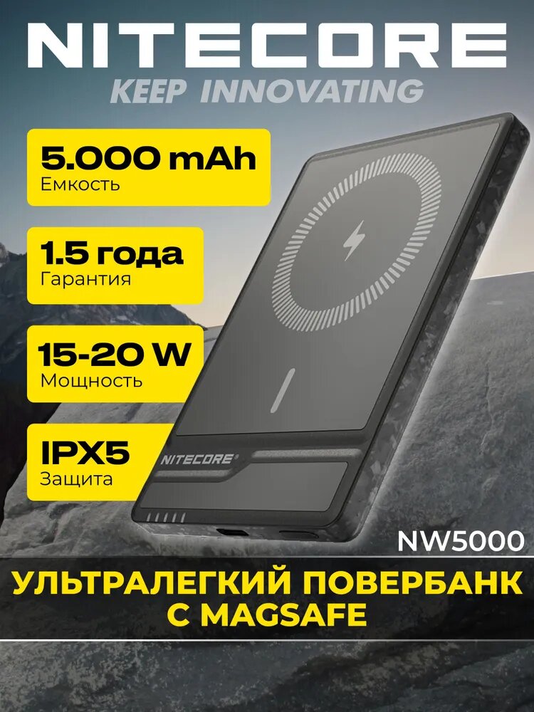 0552 Повербанк Nitecore NW5000 5000 мАч magsafe powerbank с беспроводной зарядкой Qi, внешний аккумулятор 20 Вт