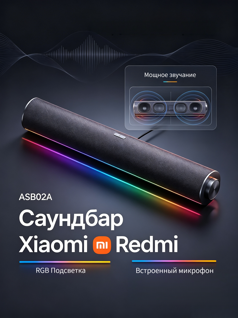 Саундбар Xiaomi Redmi ASB02A, акустика с RGB-подсветкой, встроенным микрофоном и стереовоспроизведением звука