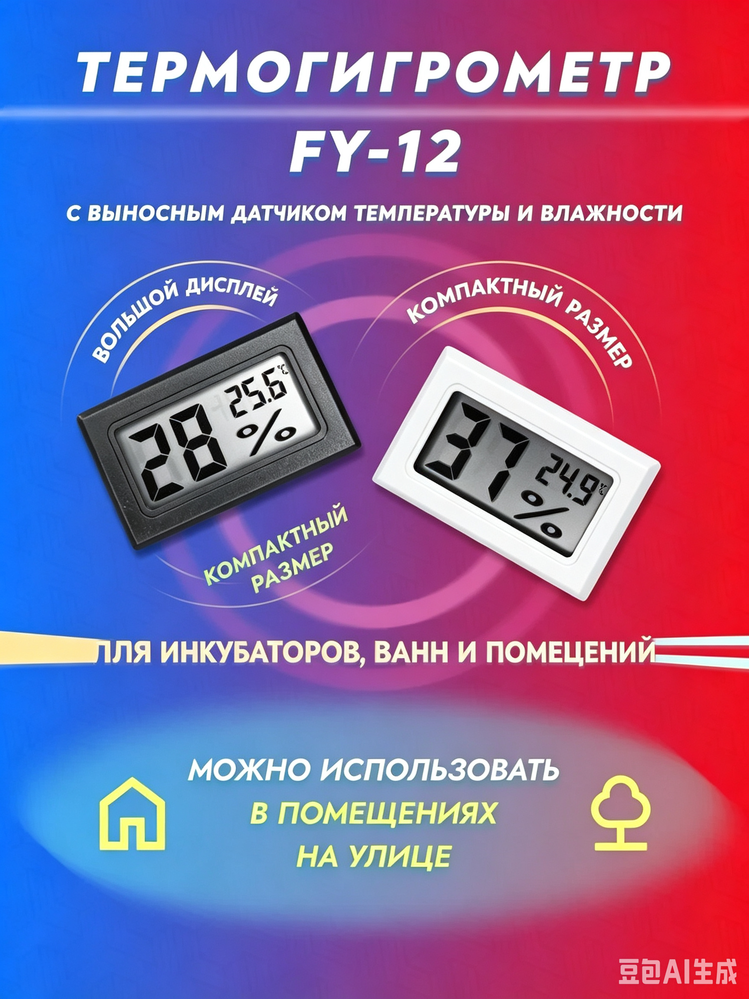 Термометр гигрометр с выносным датчиком температуры и влажности FY-12, градусник для инкубатора, бани