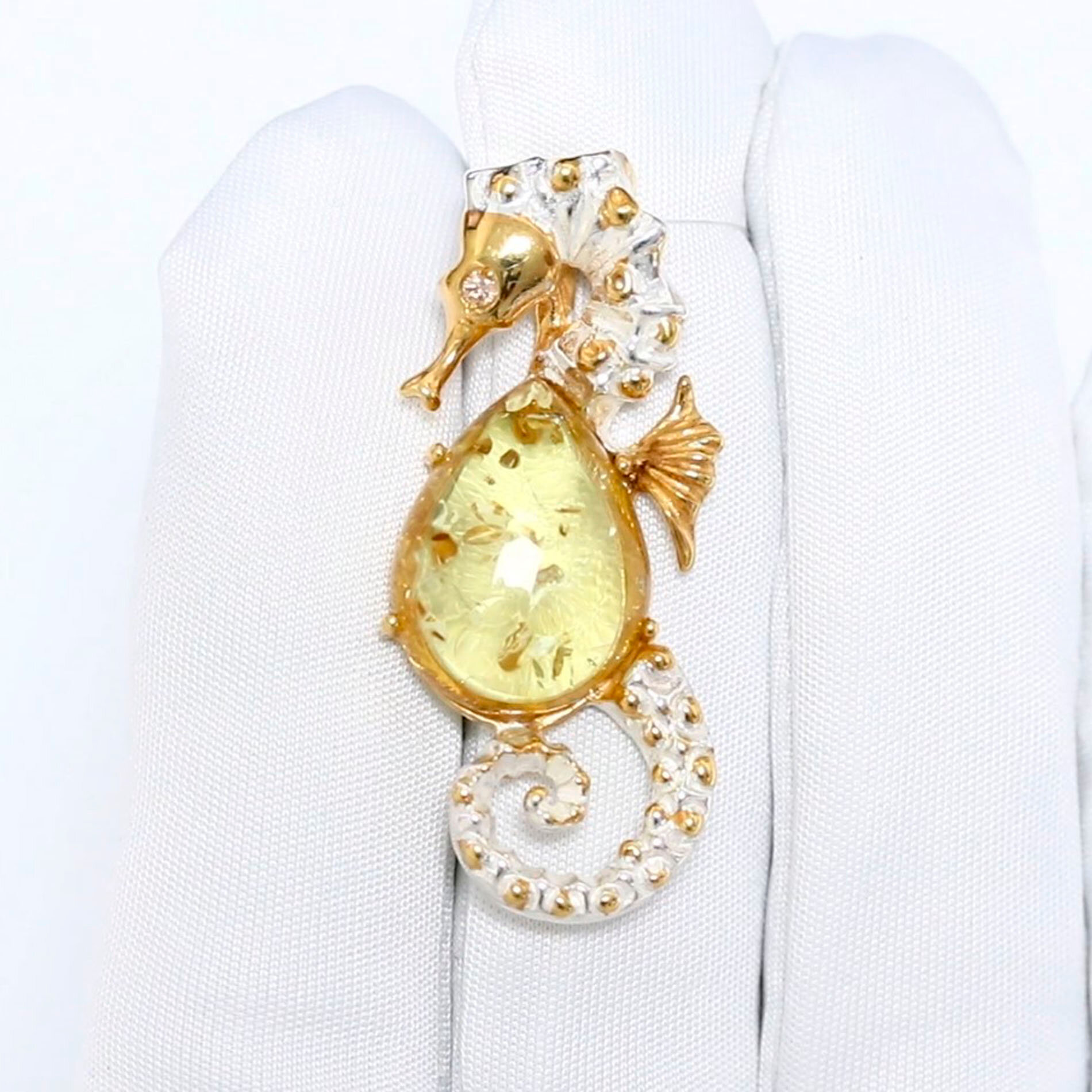Подвеска Diamant online, серебро, 925 проба, золочение, янтарь, фианит