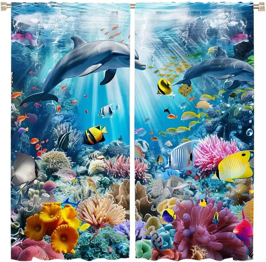 Занавески Brebasf Fantasy Ocean Coral Dolphin Blackout 53x116CM-2PC, ZQ-2603091121