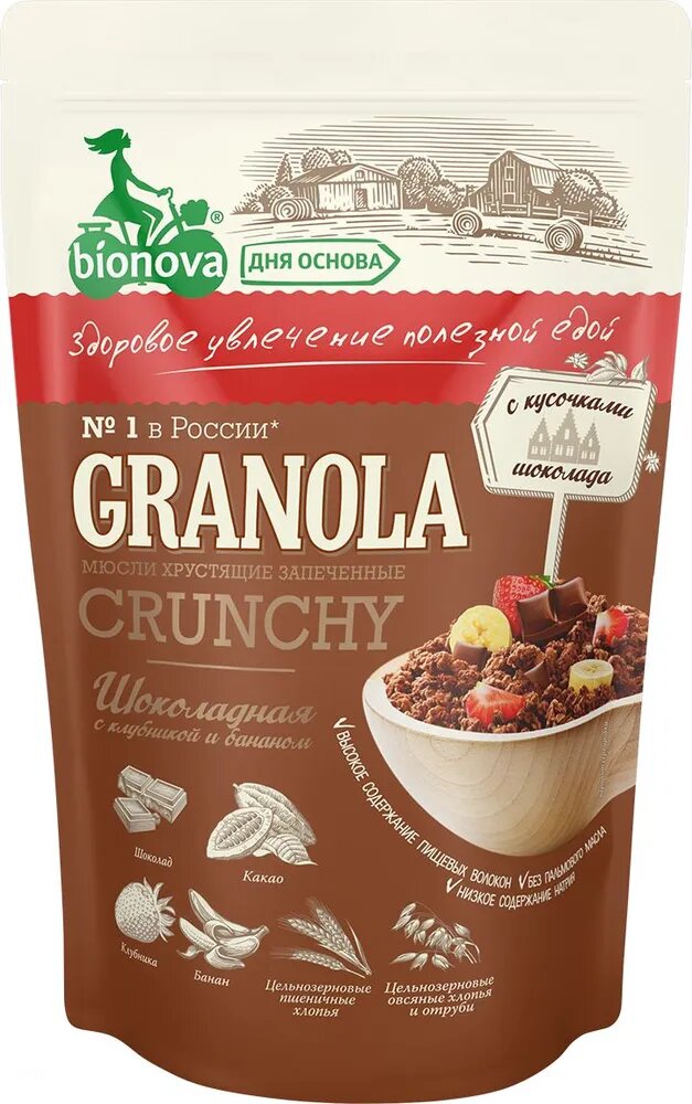 Гранола Bionova Crunchy Шоколадные с клубникой и бананом, 400 г