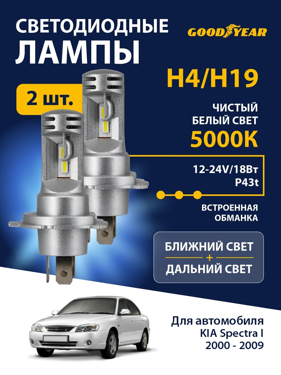 Светодиодные лампы H4 H19 KIA Spectra 1, 2 (киа спектра 1, 2 ) 2000-2009 ближний и дальний свет (5000k чистый белый свет)