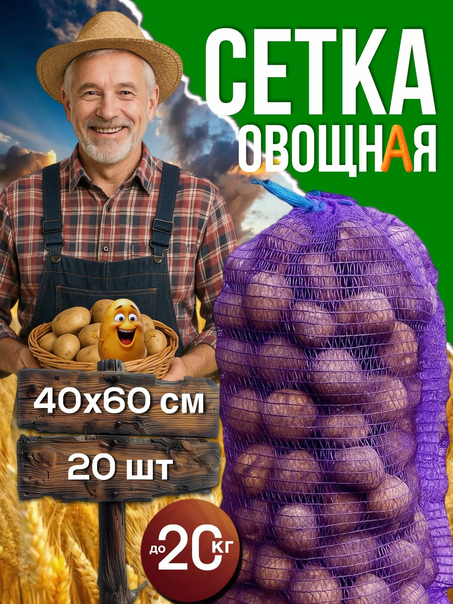 Сетка для овощей и фруктов с завязками, мешки для хранения картошки, лука, 20 штук, 40х60, 20 кг